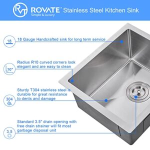 Bar Sink, ROVATE 15 x 17 inch Undermount Bar Sink, Handmade Single Bowl T-304 Stainless Steel Small Kitchen Sink with Strainer