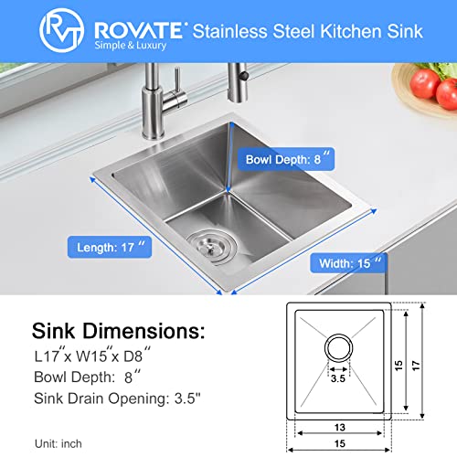 Bar Sink, ROVATE 15 x 17 inch Undermount Bar Sink, Handmade Single Bowl T-304 Stainless Steel Small Kitchen Sink with Strainer