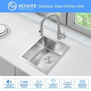 Bar Sink, ROVATE 15 x 17 inch Undermount Bar Sink, Handmade Single Bowl T-304 Stainless Steel Small Kitchen Sink with Strainer