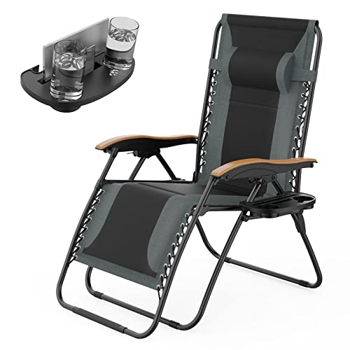 Oversized Zero Gravity Chair with 4 in 1 Cup Holder Padded Headrest Outdoor Adjustable Folding Reclining Patio Chair,350lb Capacity Patio Recliner Lounge Chair for Outside,Camping,Pool（Black+Grey）