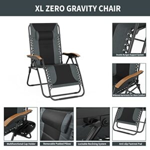 Oversized Zero Gravity Chair with 4 in 1 Cup Holder Padded Headrest Outdoor Adjustable Folding Reclining Patio Chair,350lb Capacity Patio Recliner Lounge Chair for Outside,Camping,Pool（Black+Grey）