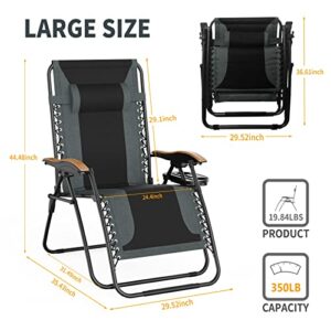 Oversized Zero Gravity Chair with 4 in 1 Cup Holder Padded Headrest Outdoor Adjustable Folding Reclining Patio Chair,350lb Capacity Patio Recliner Lounge Chair for Outside,Camping,Pool（Black+Grey）