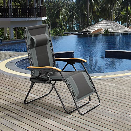 Oversized Zero Gravity Chair with 4 in 1 Cup Holder Padded Headrest Outdoor Adjustable Folding Reclining Patio Chair,350lb Capacity Patio Recliner Lounge Chair for Outside,Camping,Pool（Black+Grey）