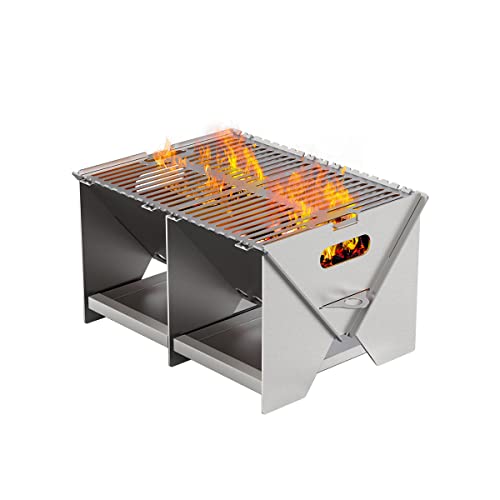 AJinTeby Portable Fire Pits for Wood Burning, Campfire Grill Firepit and Detachable Grill for Picnic, Backyard and Garden BBQ, Heavy Duty Stainless Steel Outdoor Heating, Bonfire and Picnic White