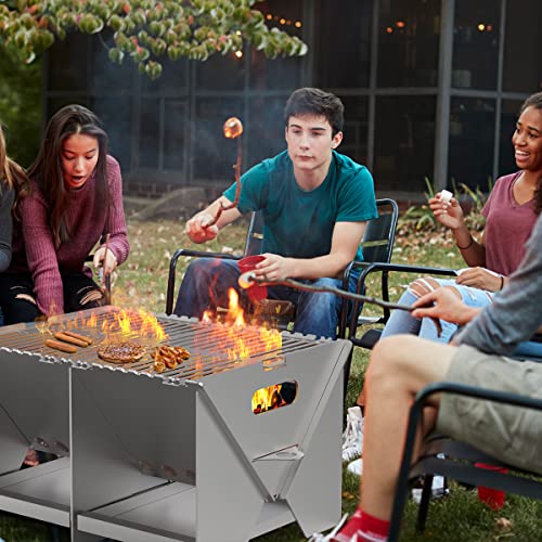 AJinTeby Portable Fire Pits for Wood Burning, Campfire Grill Firepit and Detachable Grill for Picnic, Backyard and Garden BBQ, Heavy Duty Stainless Steel Outdoor Heating, Bonfire and Picnic White