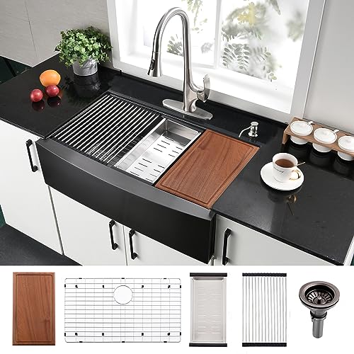 33 Inch Farmhouse Sink Workstation Black - WXOHF 33 inch Farm Sink Apron Front Workstation Kitchen Sink Single Bowl 16 Gauge Farm Sink With Cutting Board