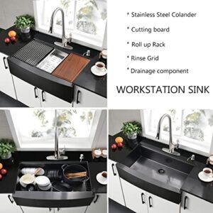 33 Inch Farmhouse Sink Workstation Black - WXOHF 33 inch Farm Sink Apron Front Workstation Kitchen Sink Single Bowl 16 Gauge Farm Sink With Cutting Board