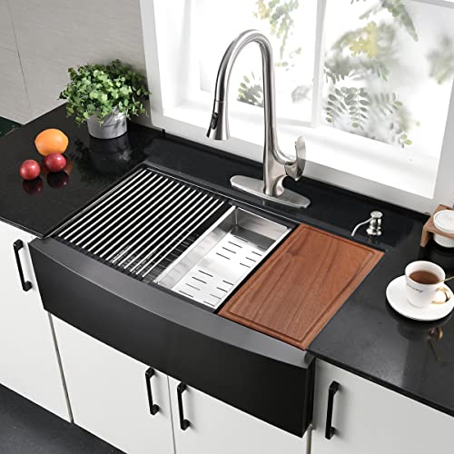 33 Inch Farmhouse Sink Workstation Black - WXOHF 33 inch Farm Sink Apron Front Workstation Kitchen Sink Single Bowl 16 Gauge Farm Sink With Cutting Board