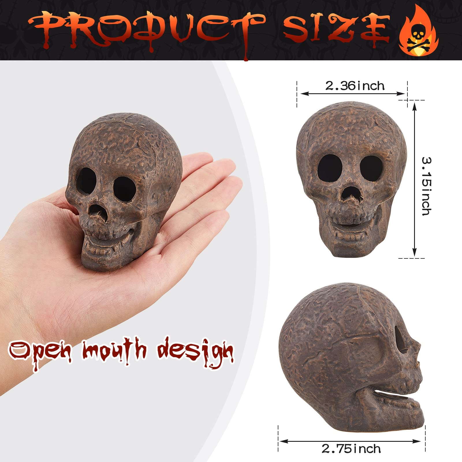 12 Pieces Fire Pit Skull Imitated Human Skull Gas Log for Indoor or Outdoor Fireplaces Ceramic Fireproof Fire Pit Skull Log Skull Shaped Halloween Decor for Fireplaces Fire Pits Campfire