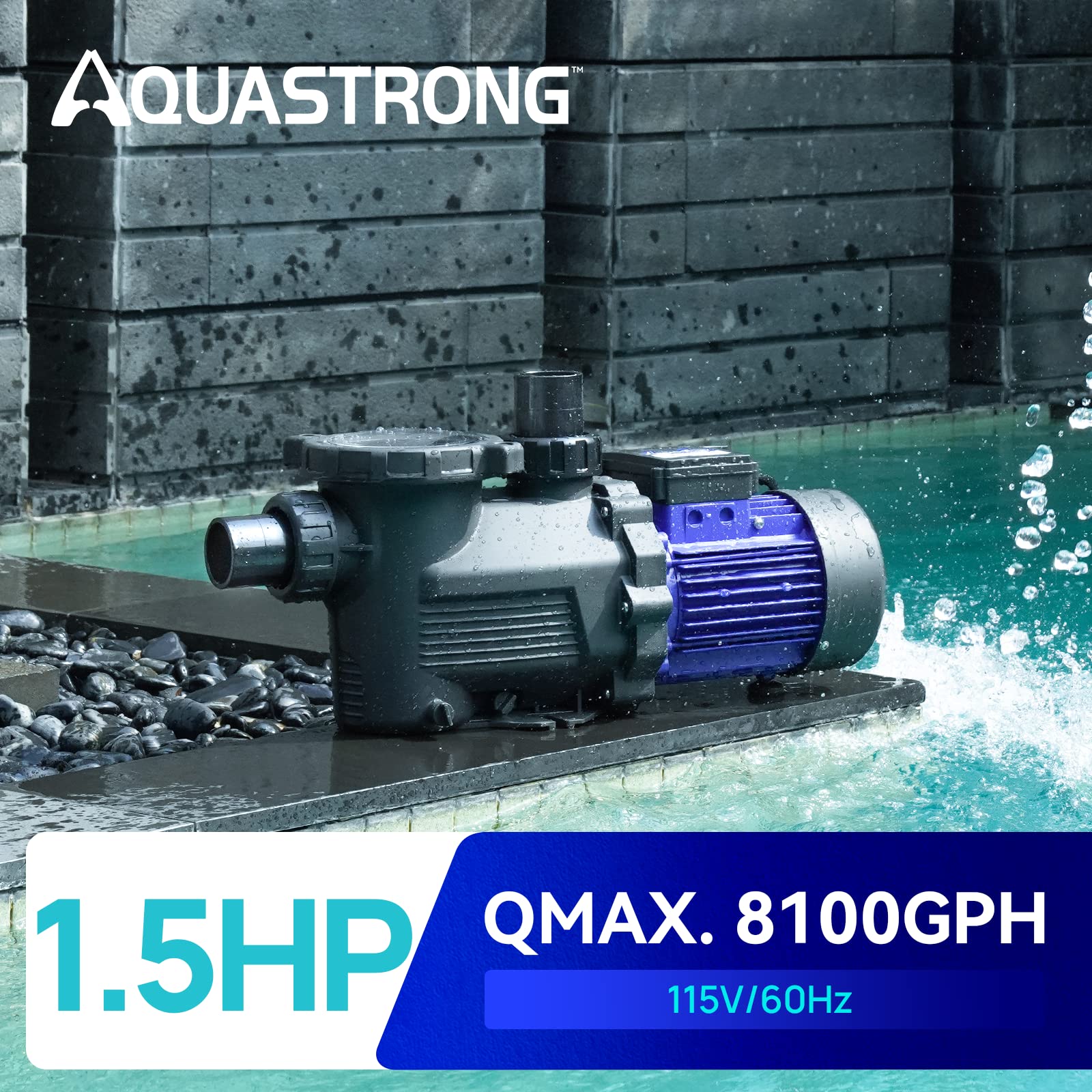 AQUASTRONG 1.5 HP In/Above Ground Single Speed Pool Pump, 115V, 8100GPH, High Flow, Powerful Self Primming Swimming Pool Pumps with Filter Basket