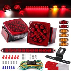 12v trailer led light kit, 2x square led stop turn tail brake license plate running lights w/ 25ft wiring harness/6x mini marker lights/15" 11led trailer tail brake light bar/license plate bracket