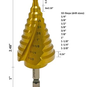 NordWolf HSS Titanium Step Drill Bit, Spiral Groove Double Flute Multiple Hole Unibit for Sheet Metal, 10 SAE Step Sizes 1/4" to 1-3/8"