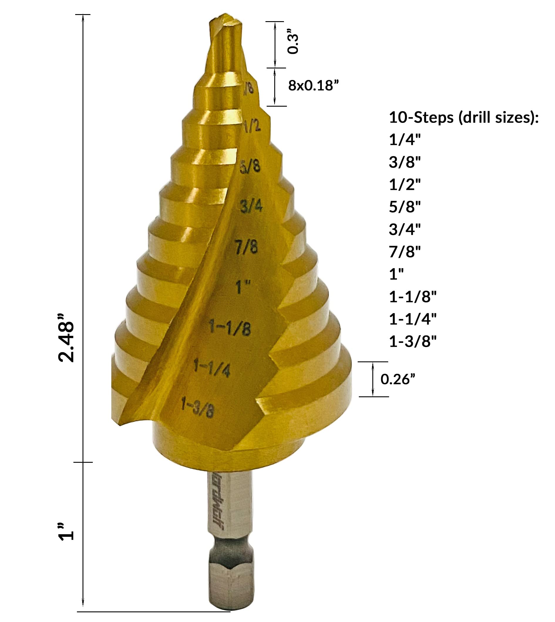 NordWolf HSS Titanium Step Drill Bit, Spiral Groove Double Flute Multiple Hole Unibit for Sheet Metal, 10 SAE Step Sizes 1/4" to 1-3/8"