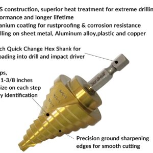 NordWolf HSS Titanium Step Drill Bit, Spiral Groove Double Flute Multiple Hole Unibit for Sheet Metal, 10 SAE Step Sizes 1/4" to 1-3/8"