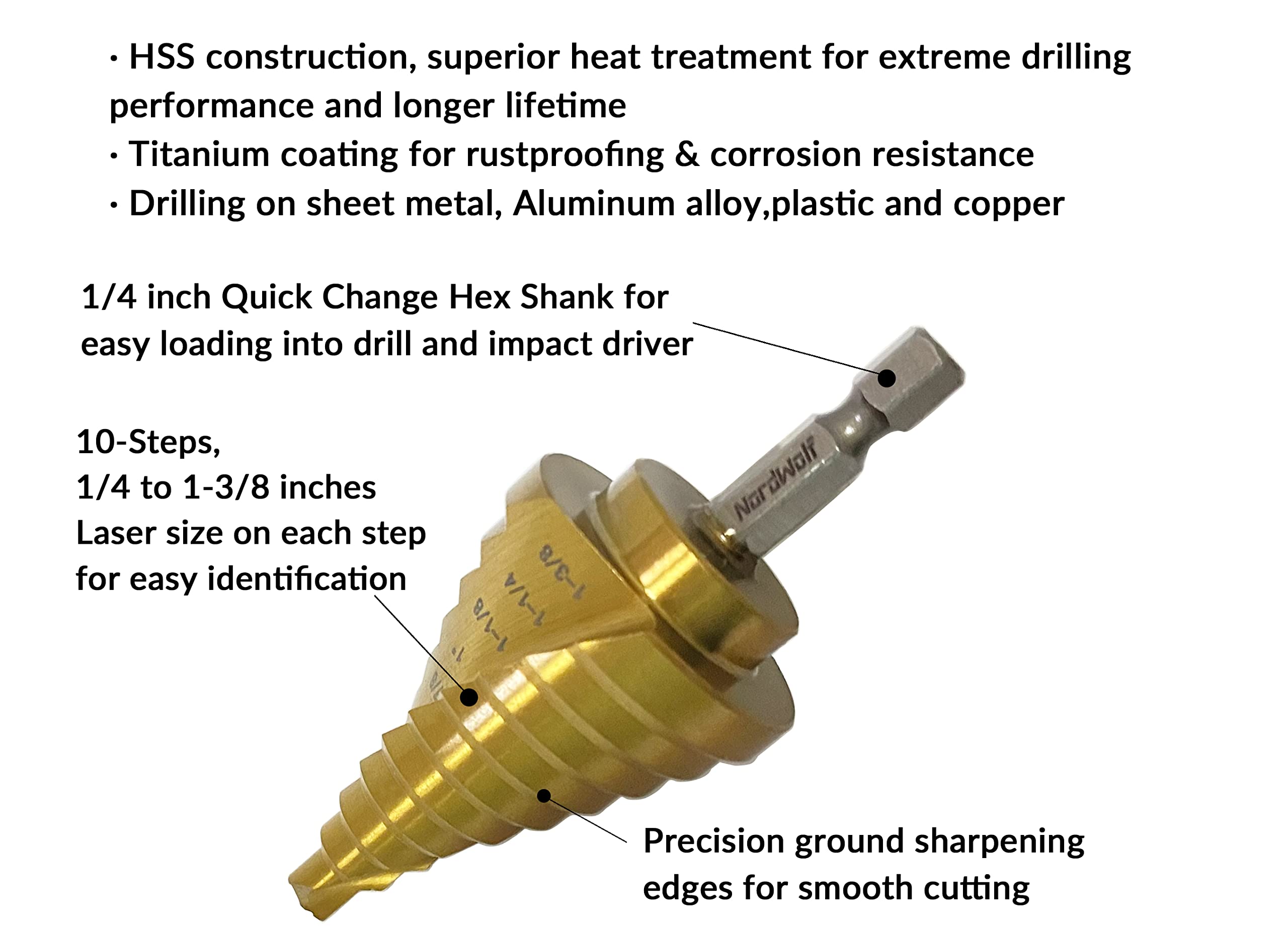 NordWolf HSS Titanium Step Drill Bit, Spiral Groove Double Flute Multiple Hole Unibit for Sheet Metal, 10 SAE Step Sizes 1/4" to 1-3/8"