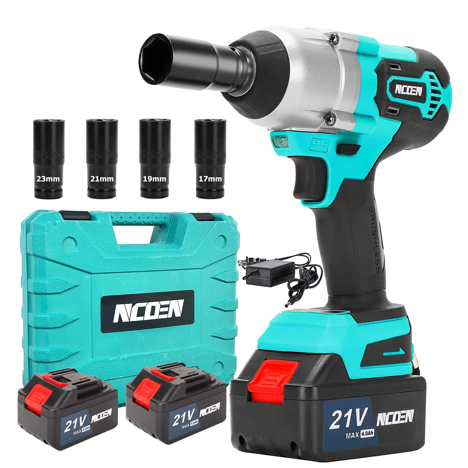 NCOEN 600N.m 1/2 Impact Driver 2 x 4.0 Batteries Cordlss Impact Wrench max torque 450ft/lbs, with 4 sockets and portable carrying case for home garden Blue Impact Gun