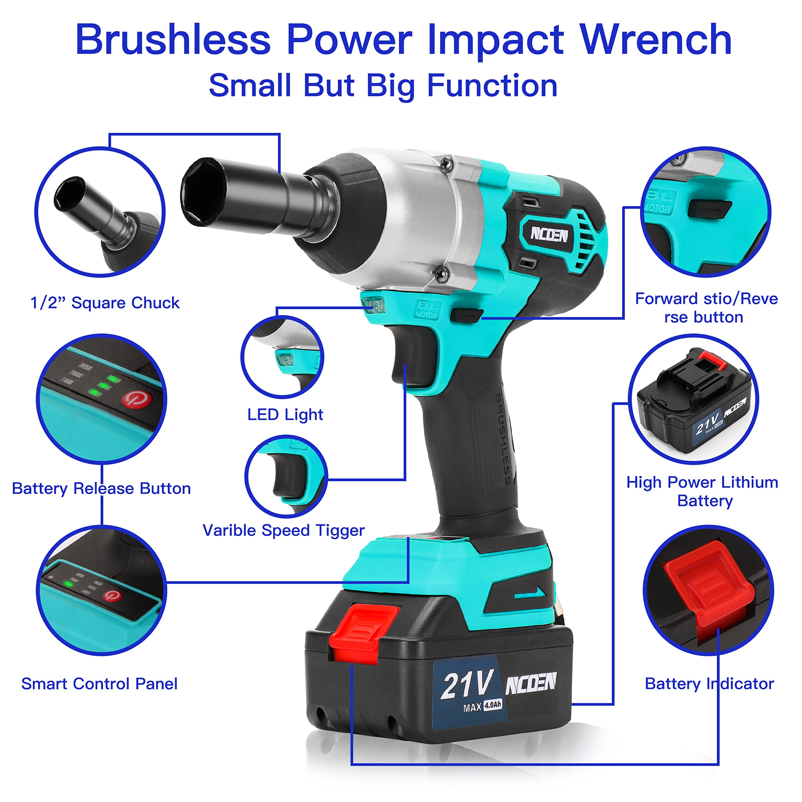 NCOEN 600N.m 1/2 Impact Driver 2 x 4.0 Batteries Cordlss Impact Wrench max torque 450ft/lbs, with 4 sockets and portable carrying case for home garden Blue Impact Gun