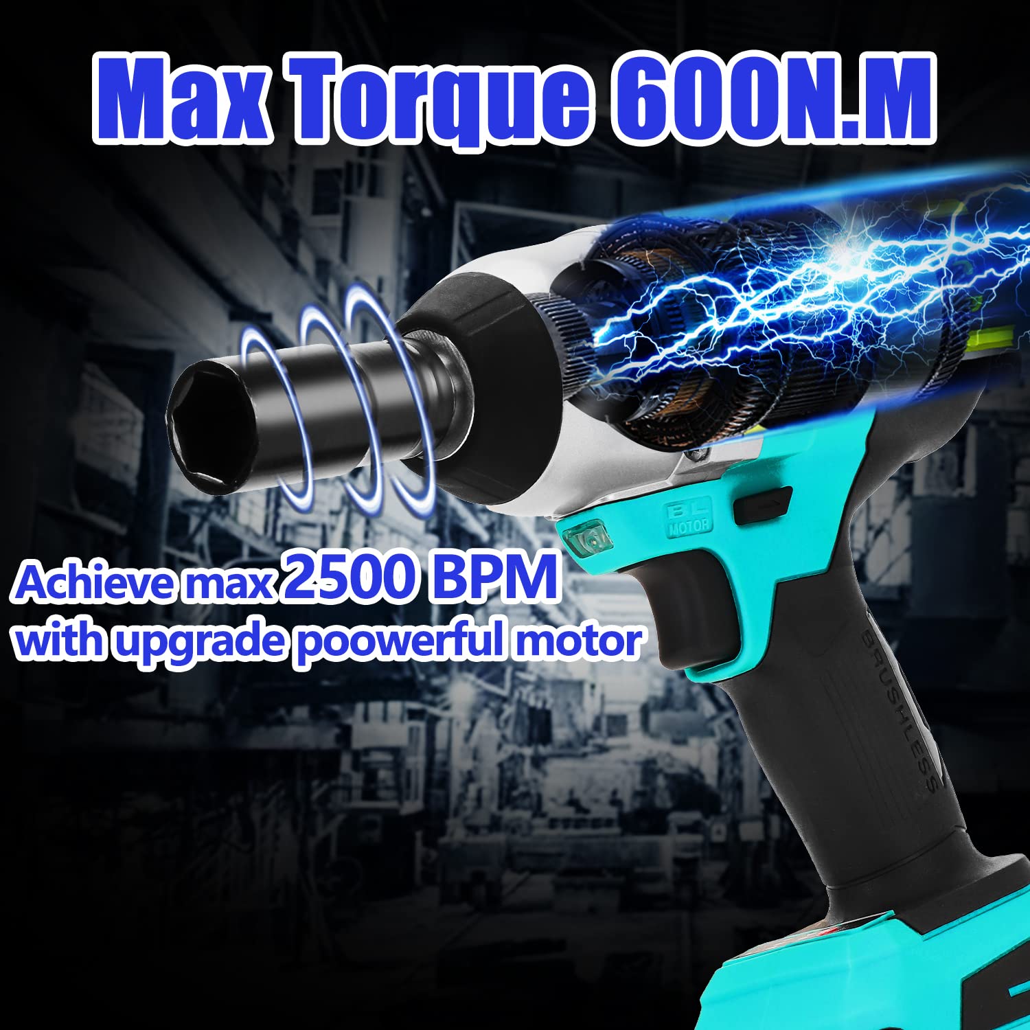 NCOEN 600N.m 1/2 Impact Driver 2 x 4.0 Batteries Cordlss Impact Wrench max torque 450ft/lbs, with 4 sockets and portable carrying case for home garden Blue Impact Gun