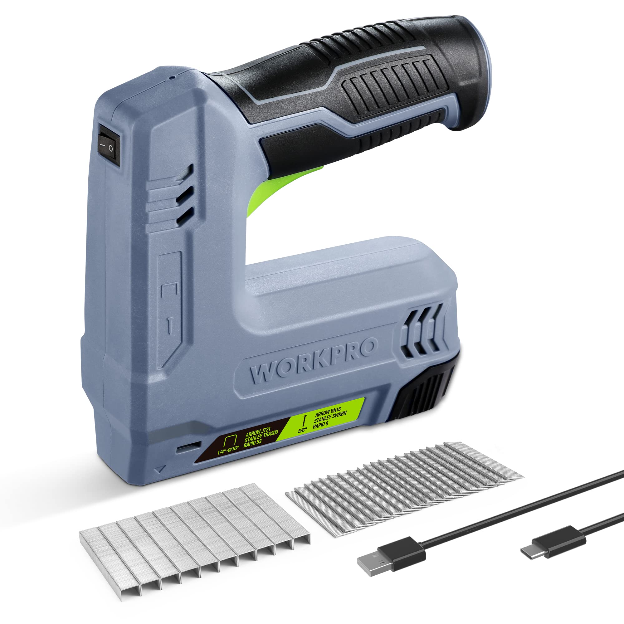 WORKPRO 3.6V Power Electric Cordless 2-in-1 Staple and Nail Gun, 2.0Ah Battery Powered Stapler for Upholstery, Crafts, DIY, Including USB Charger Cable, 2000PCS of Staples and Nails, Grey