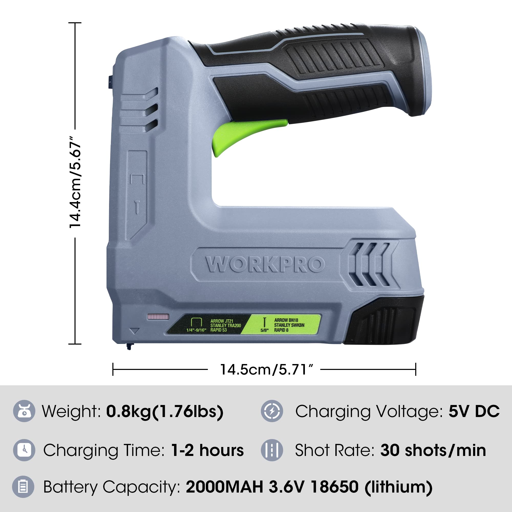 WORKPRO 3.6V Power Electric Cordless 2-in-1 Staple and Nail Gun, 2.0Ah Battery Powered Stapler for Upholstery, Crafts, DIY, Including USB Charger Cable, 2000PCS of Staples and Nails, Grey