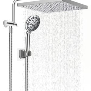 Hibbent Metal Thickness Shower Head, 10'' High Pressure Rainfall Shower Head/Handheld Showerhead Combo with 12'' Adjustable Shower Extension Arm, 7-Spray, 71'' Hose, Showerhead Holder, Chrome