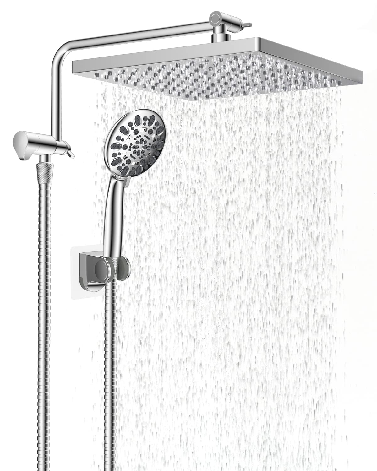 Hibbent Metal Thickness Shower Head, 10'' High Pressure Rainfall Shower Head/Handheld Showerhead Combo with 12'' Adjustable Shower Extension Arm, 7-Spray, 71'' Hose, Showerhead Holder, Chrome