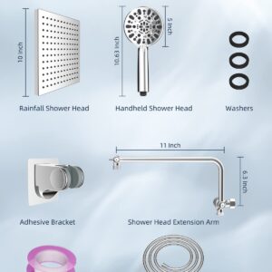 Hibbent Metal Thickness Shower Head, 10'' High Pressure Rainfall Shower Head/Handheld Showerhead Combo with 12'' Adjustable Shower Extension Arm, 7-Spray, 71'' Hose, Showerhead Holder, Chrome