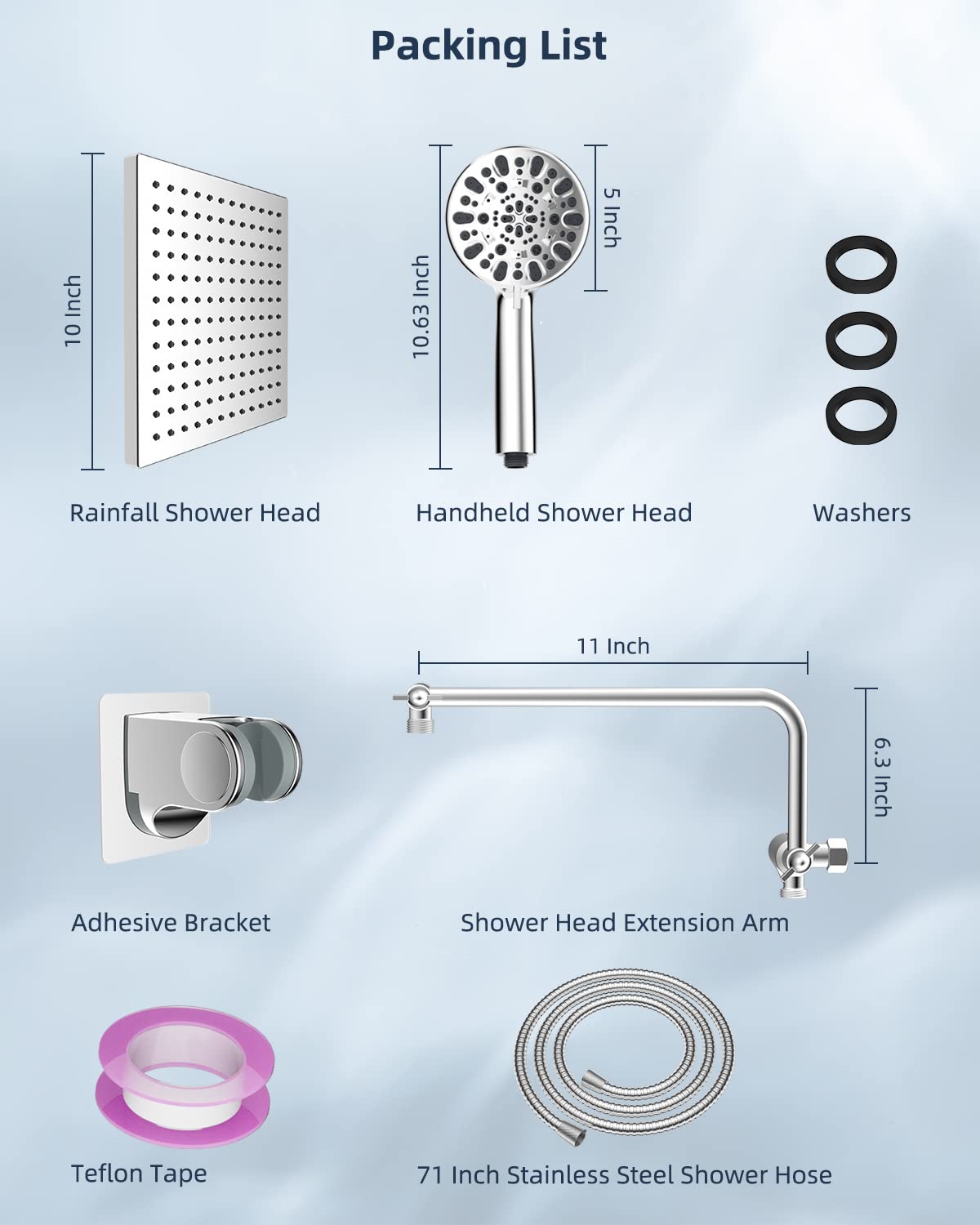 Hibbent Metal Thickness Shower Head, 10'' High Pressure Rainfall Shower Head/Handheld Showerhead Combo with 12'' Adjustable Shower Extension Arm, 7-Spray, 71'' Hose, Showerhead Holder, Chrome