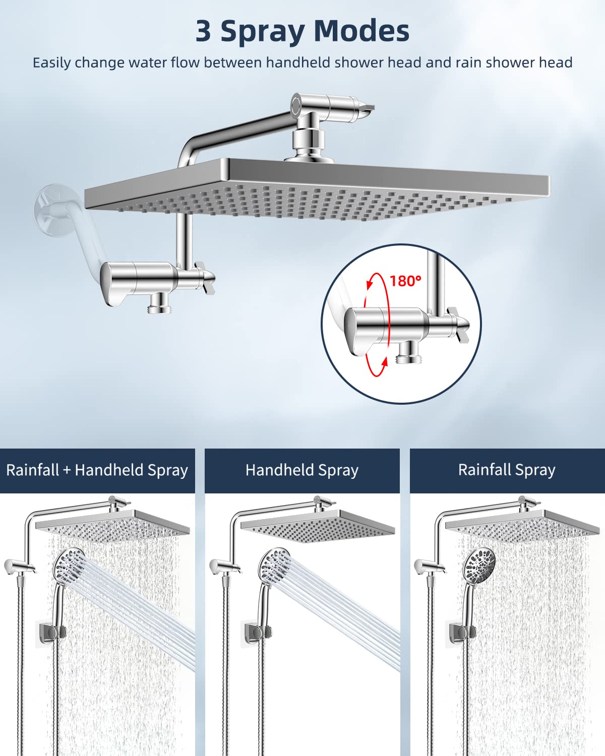 Hibbent Metal Thickness Shower Head, 10'' High Pressure Rainfall Shower Head/Handheld Showerhead Combo with 12'' Adjustable Shower Extension Arm, 7-Spray, 71'' Hose, Showerhead Holder, Chrome