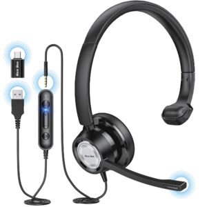 new bee usb headset with microphone for pc computer headset, single ear headset noise cancelling mic, call center wired headset with 3.5mm/usb/type c for skype zoom tablet laptop (black)