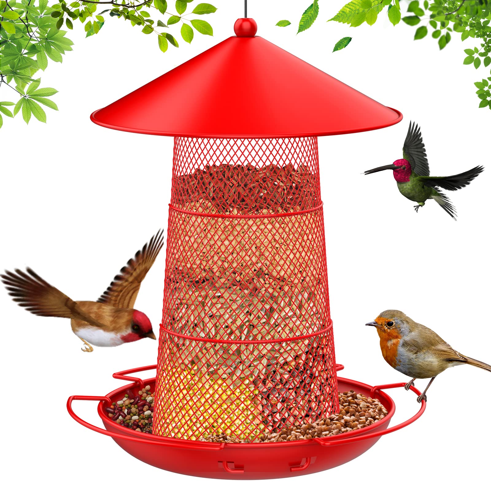 Gaprass Bird Feeder, 3 Tier Retractable Metal Bird Feeders for Outside Hanging, 6.6 Lbs Large Capacity with 3 Perches, Squirrel-Proof Bird Feeder for 360°Feeding Area for Wild Birds (Red)