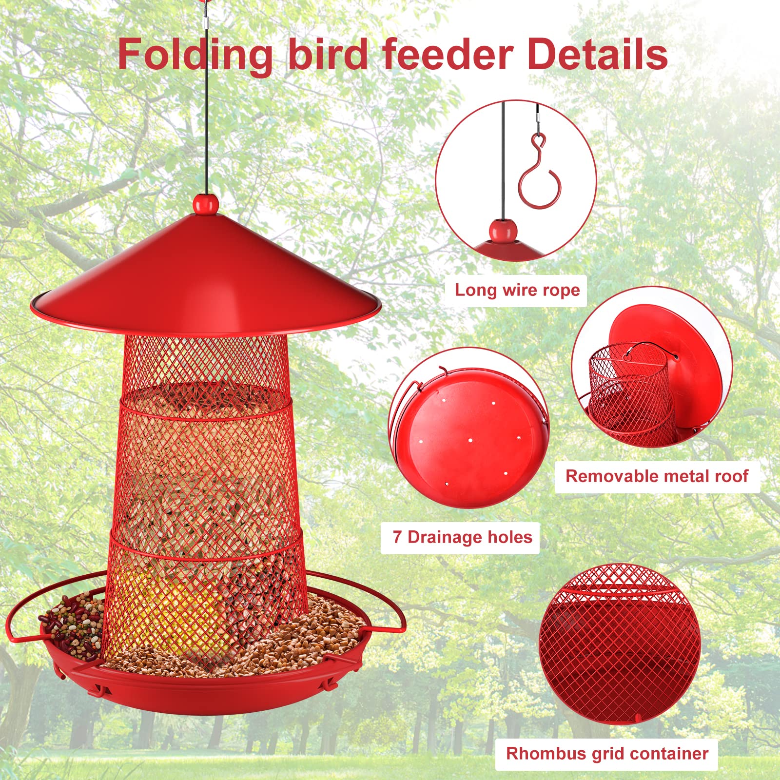 Gaprass Bird Feeder, 3 Tier Retractable Metal Bird Feeders for Outside Hanging, 6.6 Lbs Large Capacity with 3 Perches, Squirrel-Proof Bird Feeder for 360°Feeding Area for Wild Birds (Red)