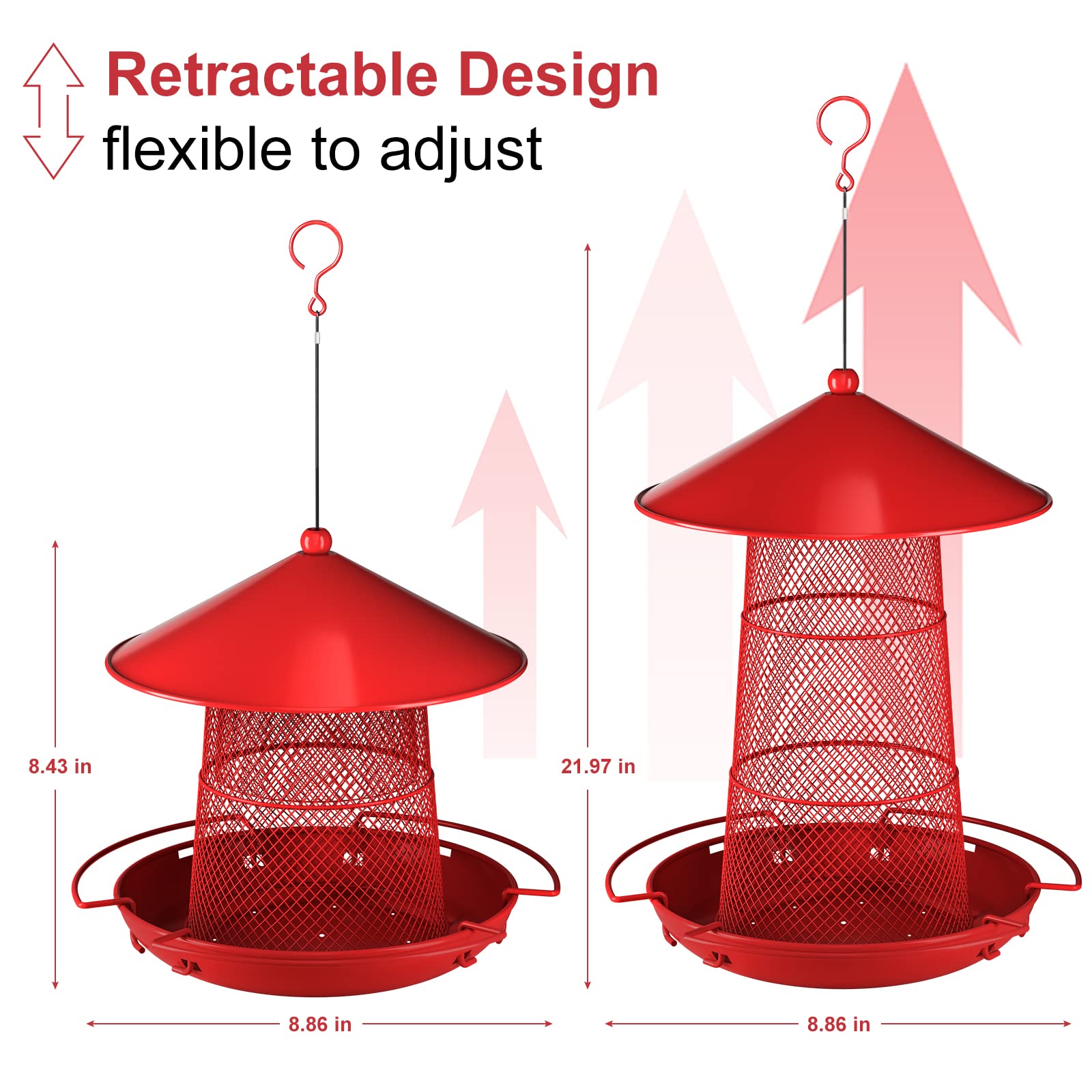 Gaprass Bird Feeder, 3 Tier Retractable Metal Bird Feeders for Outside Hanging, 6.6 Lbs Large Capacity with 3 Perches, Squirrel-Proof Bird Feeder for 360°Feeding Area for Wild Birds (Red)