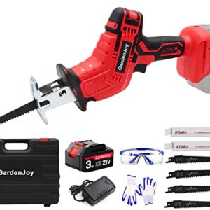 GardenJoy Cordless Power Reciprocating Saw: 21V Electric Compact Saw with 3.0Ah Battery and Charger, 6 Saw Blades, Variable Speed, Battery Powered Saw with Tool Box for Woods/Metal/Plastic Cutting