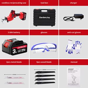 GardenJoy Cordless Power Reciprocating Saw: 21V Electric Compact Saw with 3.0Ah Battery and Charger, 6 Saw Blades, Variable Speed, Battery Powered Saw with Tool Box for Woods/Metal/Plastic Cutting