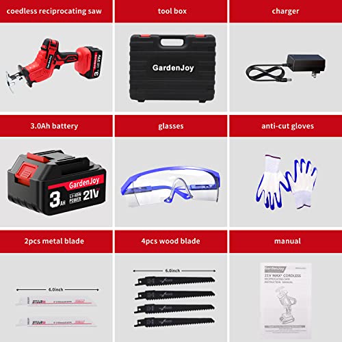 GardenJoy Cordless Power Reciprocating Saw: 21V Electric Compact Saw with 3.0Ah Battery and Charger, 6 Saw Blades, Variable Speed, Battery Powered Saw with Tool Box for Woods/Metal/Plastic Cutting