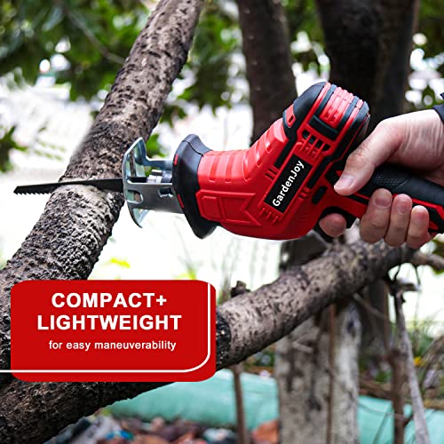 GardenJoy Cordless Power Reciprocating Saw: 21V Electric Compact Saw with 3.0Ah Battery and Charger, 6 Saw Blades, Variable Speed, Battery Powered Saw with Tool Box for Woods/Metal/Plastic Cutting