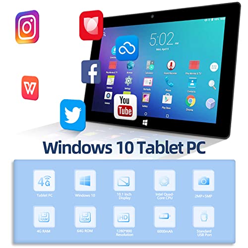 ZAOFEPU 10 Inch Tablet Windows 10 Home, Tablet PC 4G&WiFi&Bluetooth RAM 4GB+ ROM 64GB, 2MP+5MP Dual Camera, 6000mAh Black Tablet Computer