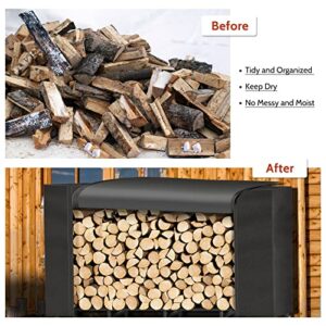 5.3Ft Outdoor Firewood Rack with Cover Wood Log Racks Holders for Fireplace Adjustable Metal Wood Storage Rack Stand Stackers for Fire Wood, Patio, Porches, Waterproof Oxford Fabric Cover, Black