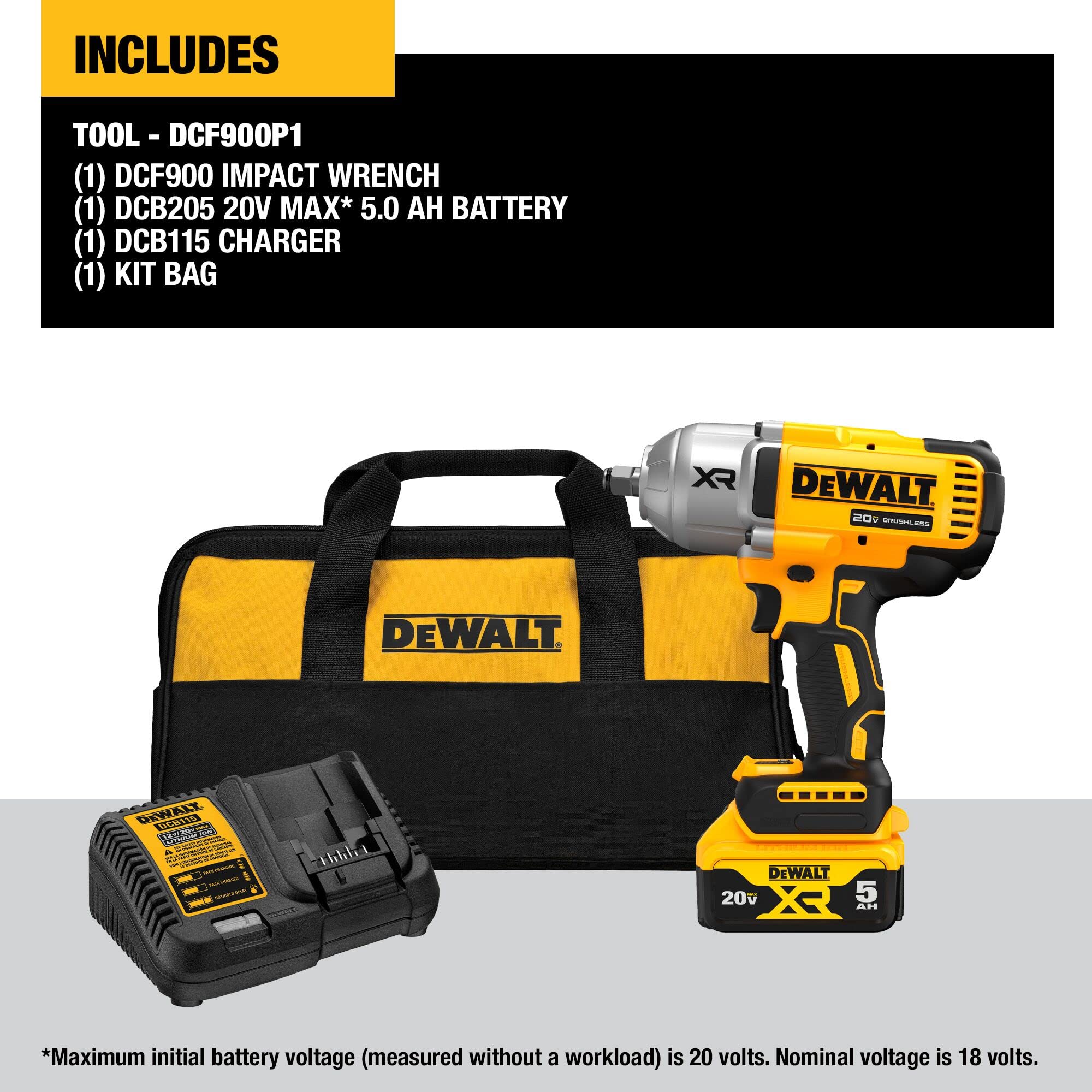 DEWALT 20V MAX Cordless Impact Wrench Kit, 1/2" Hog Ring With 4-Mode Speed, Includes Battery, Charger and Bag (DCF900P1)