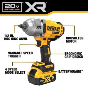 DEWALT 20V MAX Cordless Impact Wrench Kit, 1/2" Hog Ring With 4-Mode Speed, Includes Battery, Charger and Bag (DCF900P1)