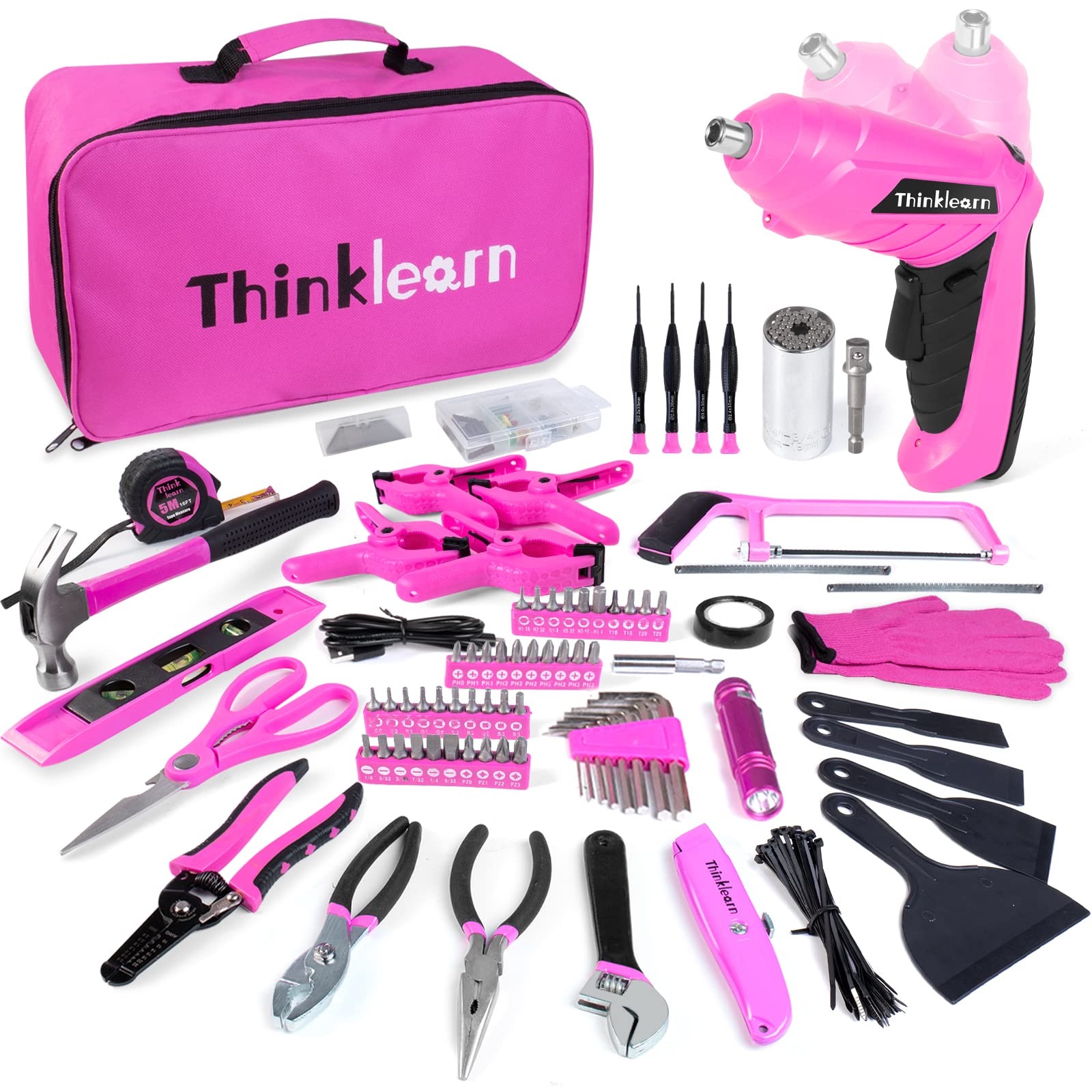 Pink Tool Set, 205 Piece Home Tool Kit with 3.6V Electric Screwdriver and Universal Sockets Tools, Pink Tool Kit with Storage Tool Bag, Tool Sets for Women, for Gift, Home Repair, Dorm