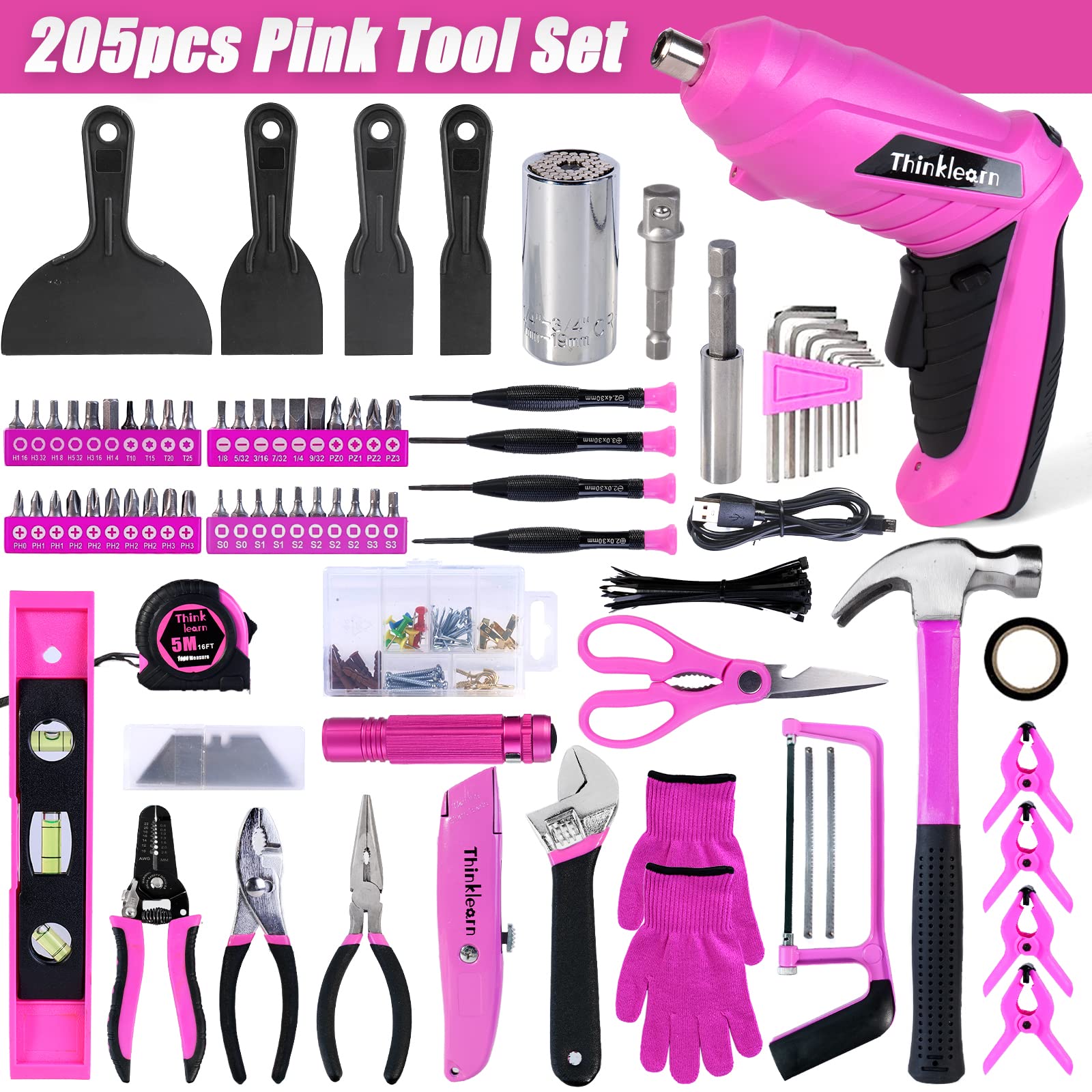 Pink Tool Set, 205 Piece Home Tool Kit with 3.6V Electric Screwdriver and Universal Sockets Tools, Pink Tool Kit with Storage Tool Bag, Tool Sets for Women, for Gift, Home Repair, Dorm