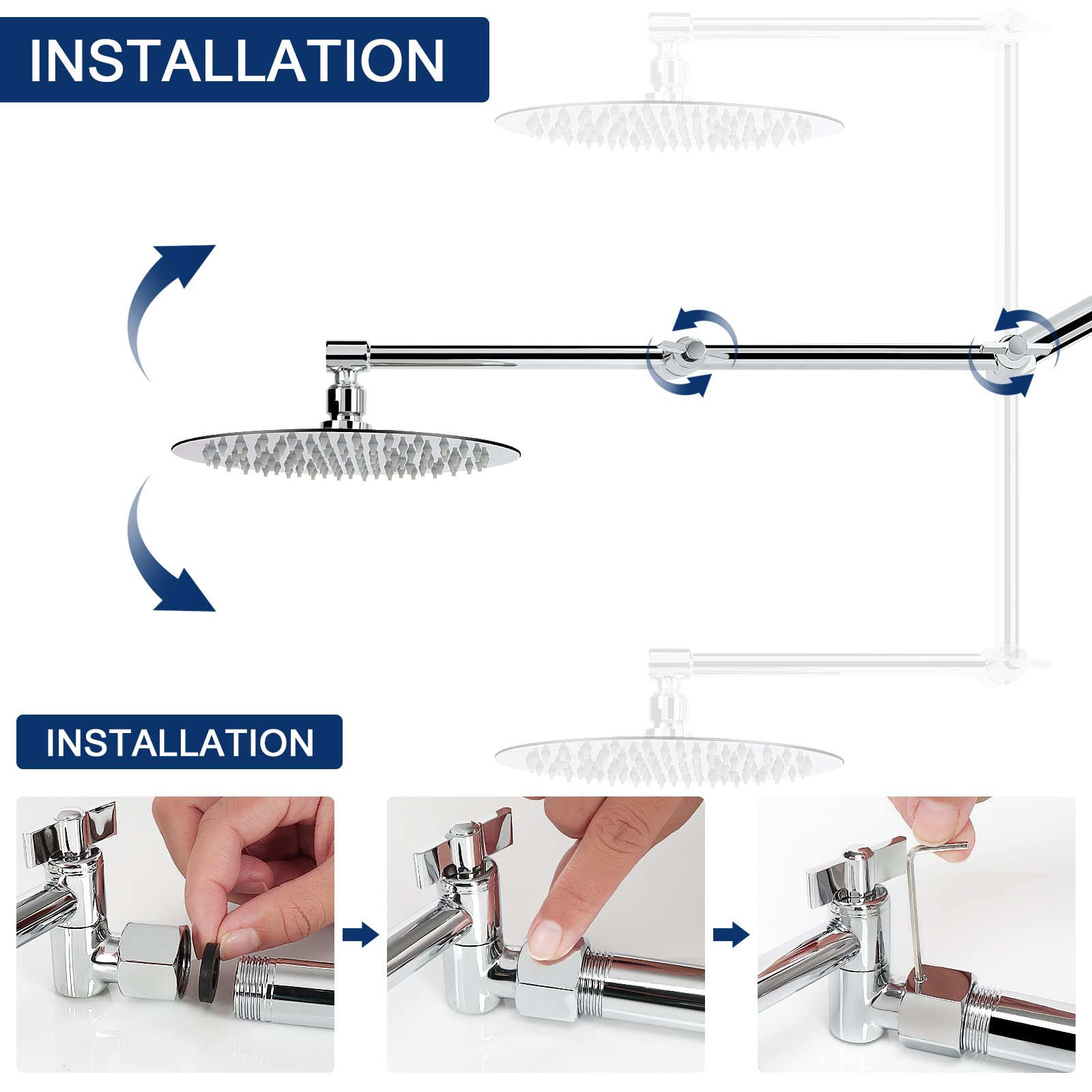 NearMoon Adjustable Shower Arm, Shower Extension Arm Universal Connection, Rise or Lower Shower Head, Adjust Height/Angle to Upgrade Shower Experience, Anti-Leak, 16 Inch (Chrome)