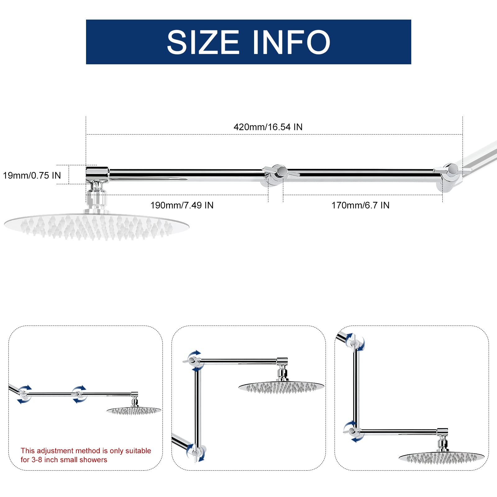 NearMoon Adjustable Shower Arm, Shower Extension Arm Universal Connection, Rise or Lower Shower Head, Adjust Height/Angle to Upgrade Shower Experience, Anti-Leak, 16 Inch (Chrome)