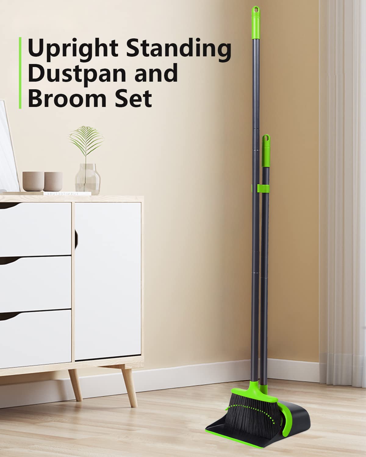 Broom and Dustpan Set, Broom and Dustpan, Broom and Dustpan Set for Home, Upgrade 52" Long Handle Broom with Stand Up Dustpan Combo Set for Office Home Kitchen Lobby Floor Use, Dust pan and Broom Set