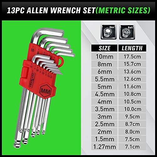 SWANLAKE 27PCS Allen Wrench Set, Hex Key Set Long Arm Ball End Hex Wrench Set, Inch/Metric T Handle Allen Wrench Set