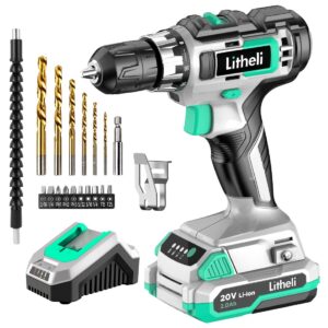 litheli cordless drill set, 20v max power drill cordless set, 3/8” keyless chuck, 18+1 torque settings, variable speed, w/ 2.0 ah battery and 1 hour fast charger included