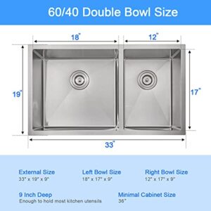 ROVOGO 33x19x9 in. Undermount 60/40 Double Bowl Kitchen Sink, Stainless Steel Sink Deep Handmade 2 Offset Basin with Basket Strainer, Brushed