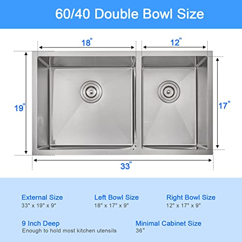 ROVOGO 33x19x9 in. Undermount 60/40 Double Bowl Kitchen Sink, Stainless Steel Sink Deep Handmade 2 Offset Basin with Basket Strainer, Brushed